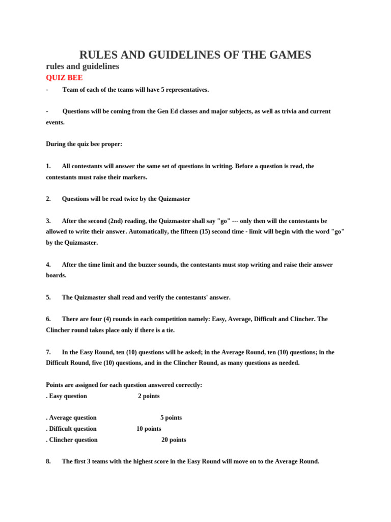 RULES AND GUIDELINES OF THE GAMES | PDF