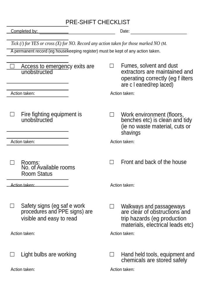 Pre-Shift Safety Checklist | PDF