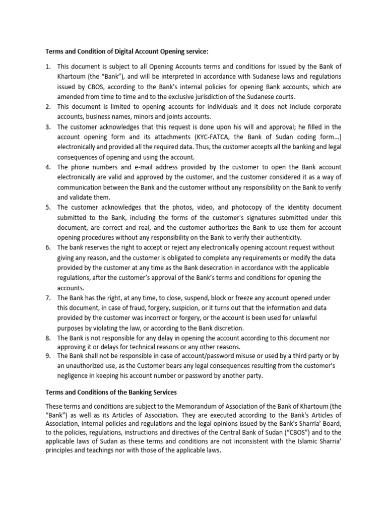 Digital Account Opening Terms Sudan | PDF | Banks | Business