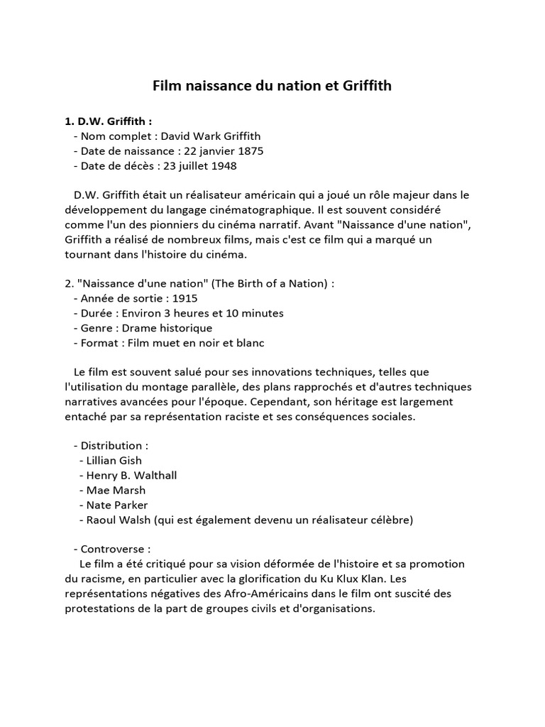 Film Naissance Du Nation Et Griffith | PDF