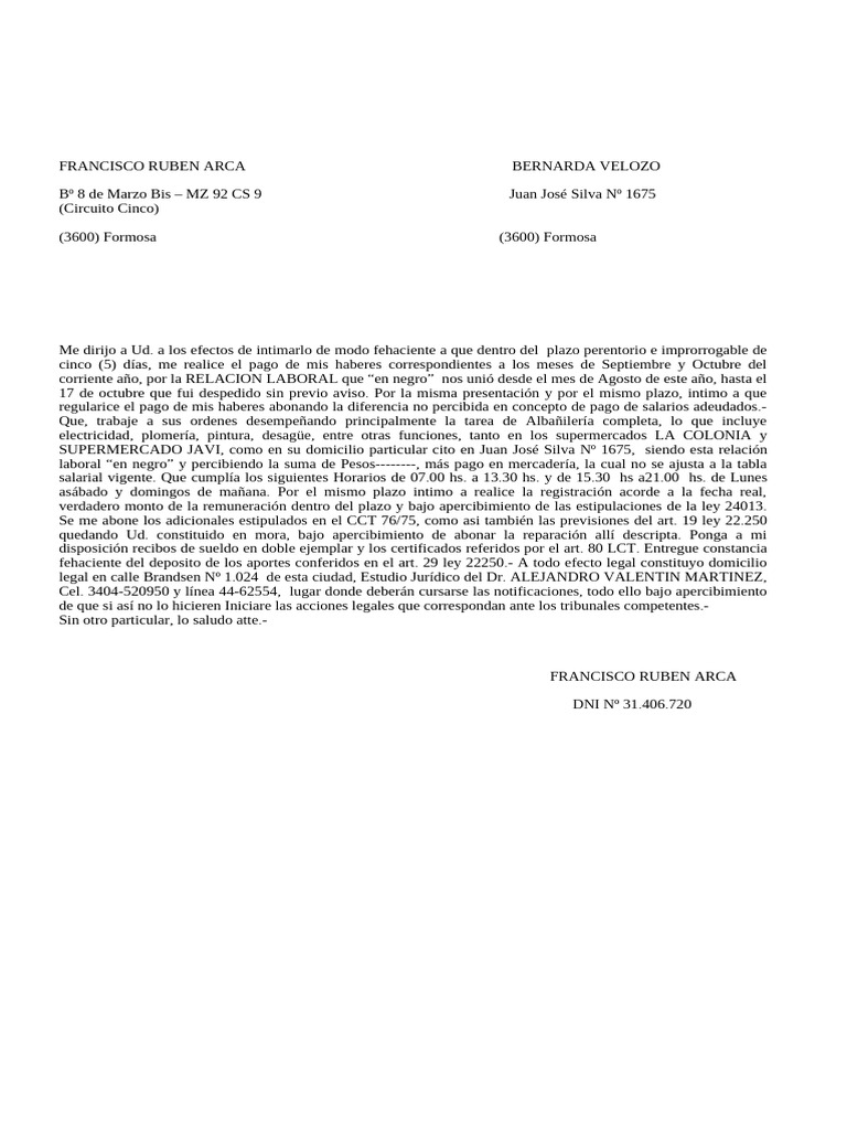 Carta Documento Laboral MODELO | PDF