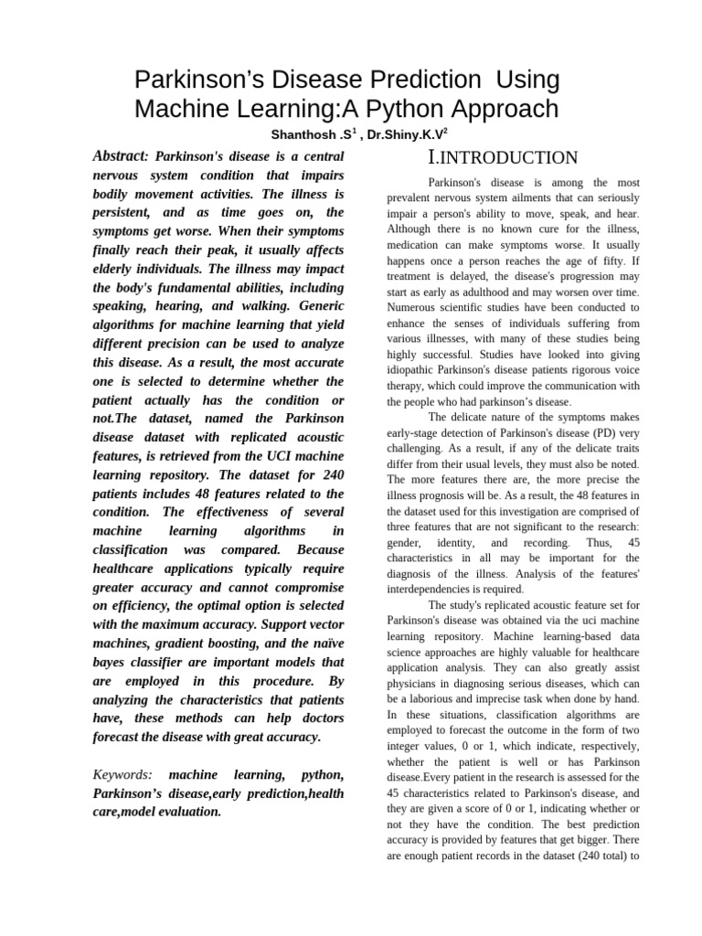 Parkinson's Disease Prediction Using Machine Learning - A Python Approach | PDF