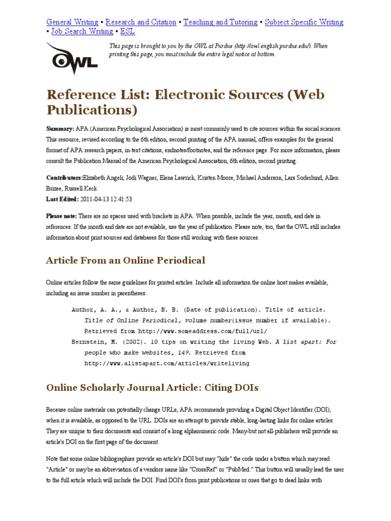 Reference List: Electronic Sources (Web Publications) | PDF | Digital ...