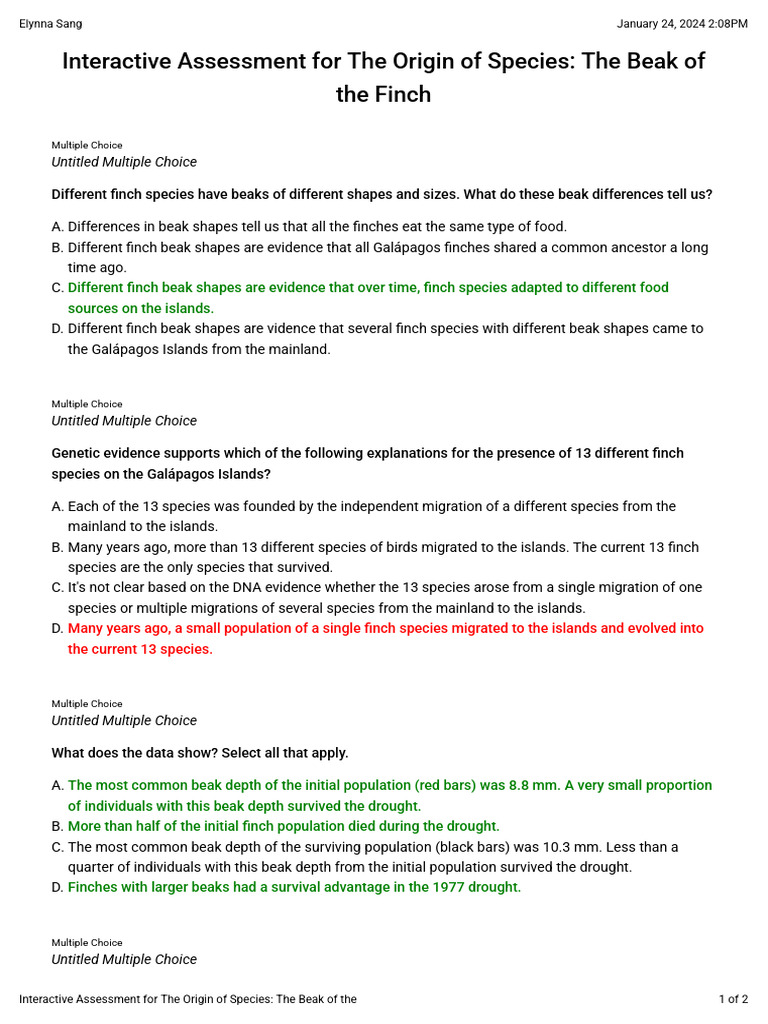 Interactive Assessment For The Origin of Species: The Beak of The Finch | PDF
