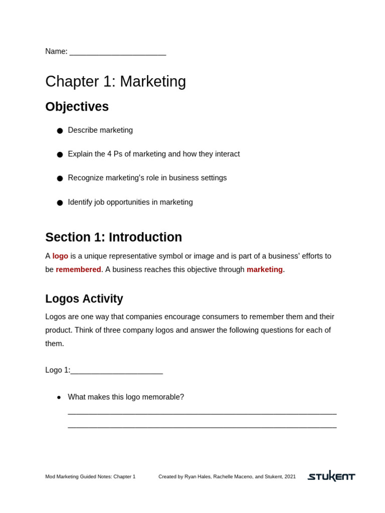 Chapter 1 Guided Notes Answers | PDF | Marketing | Business