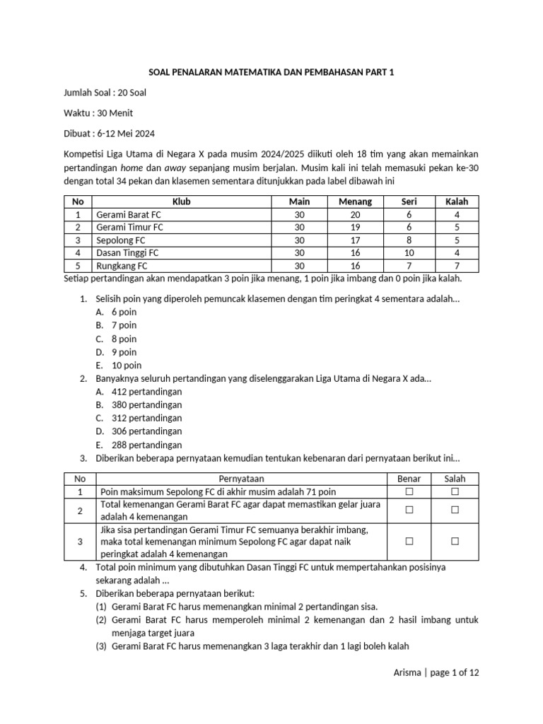 Soal Penalaran Matematika Dan Pembahasan | PDF