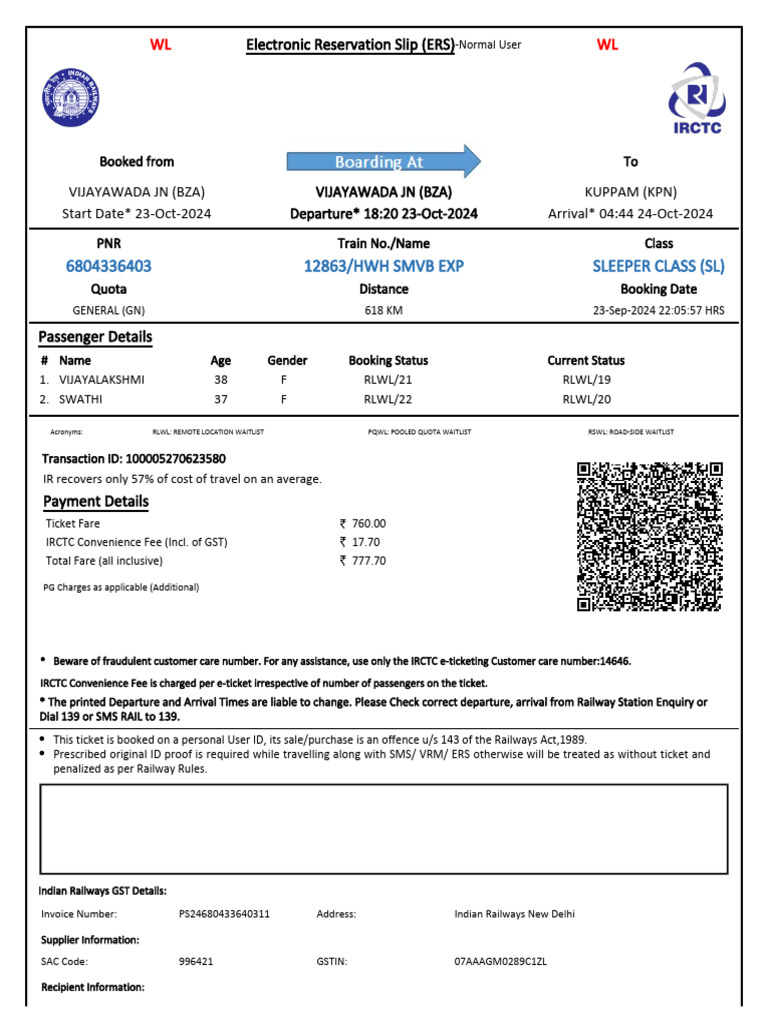 12863/HWH SMVB EXP Sleeper Class (SL) : WL WL | PDF