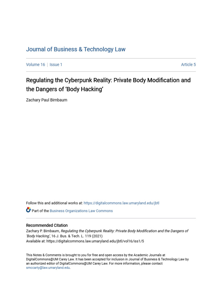 Regulating The Cyberpunk Reality - Private Body Modification and The Dangers of - Body Hacking | PDF