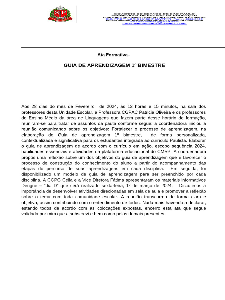 ATA 28 DE FEVEREIRO Guia de Aprendizagem 1°bim | PDF