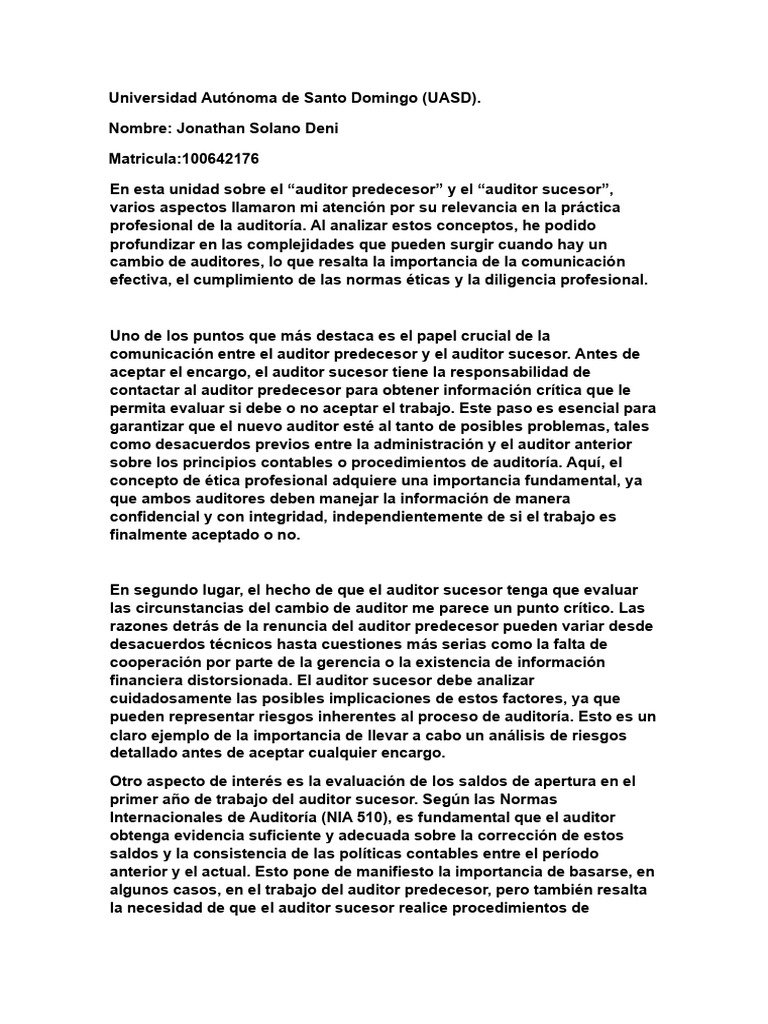 3.1 Tarea de Análisis - Auditor Predecesor y Sucesor | PDF