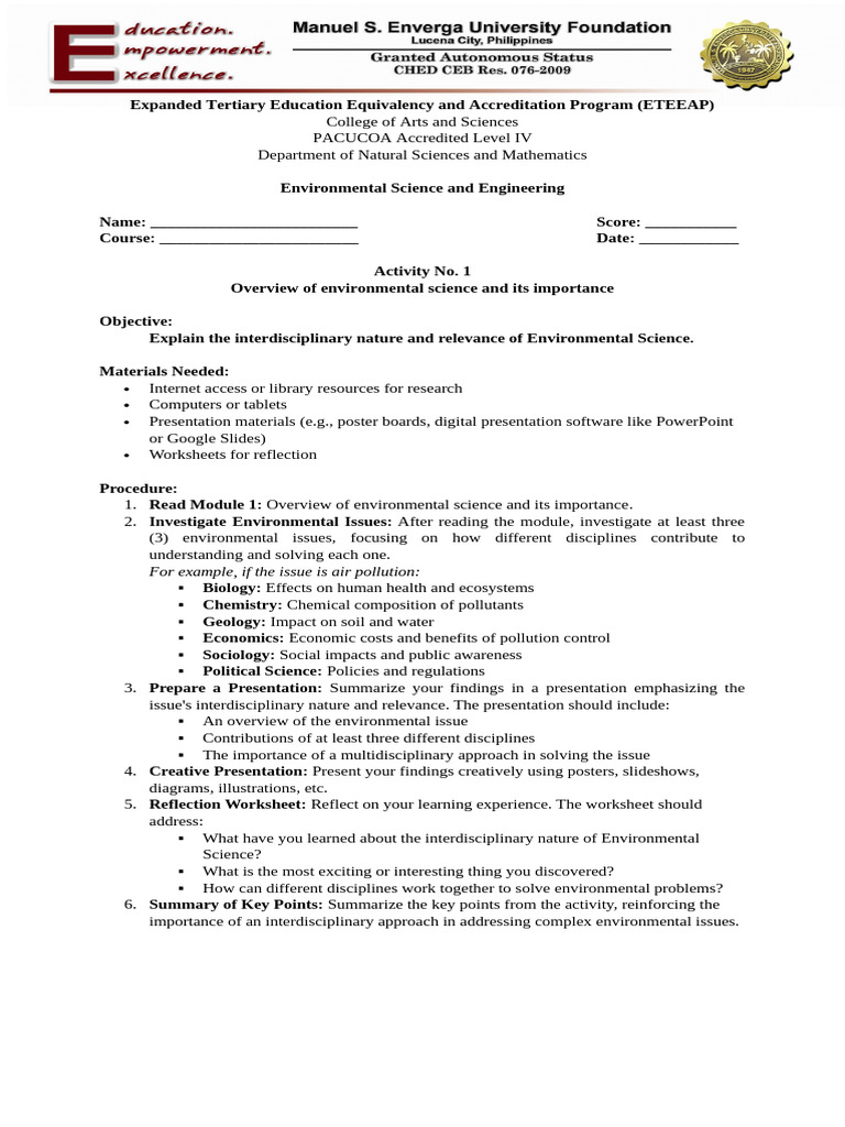 Envi Scie Eng Act. 01 Module 1 | PDF