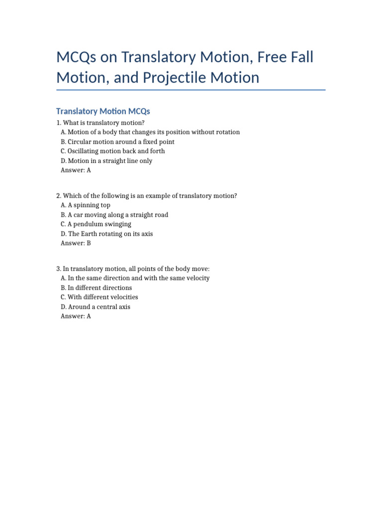 Translatory FreeFall Projectile Motion MCQs | PDF