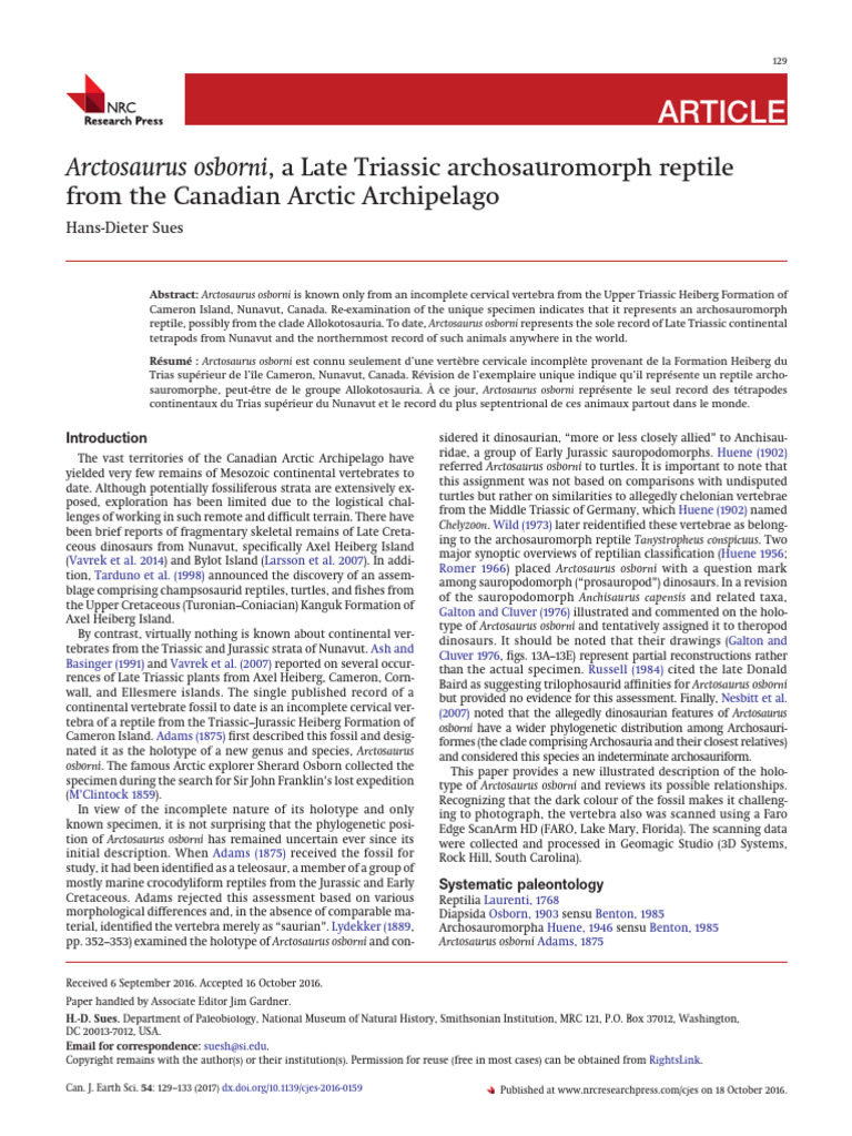 Sues 2016 Arctosaurus Osborni A Late Triassic Archosauromorph Reptile ...