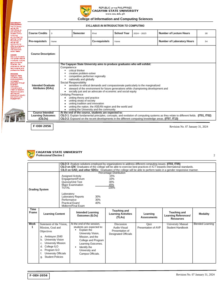 Syllabus It 111 Intro To Computing | PDF