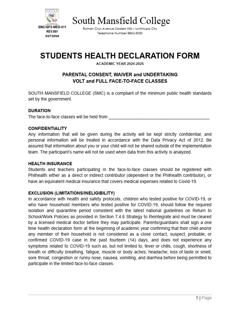 QSF-MED-011 REV.001 Students Health Declaration Form.docx | PDF