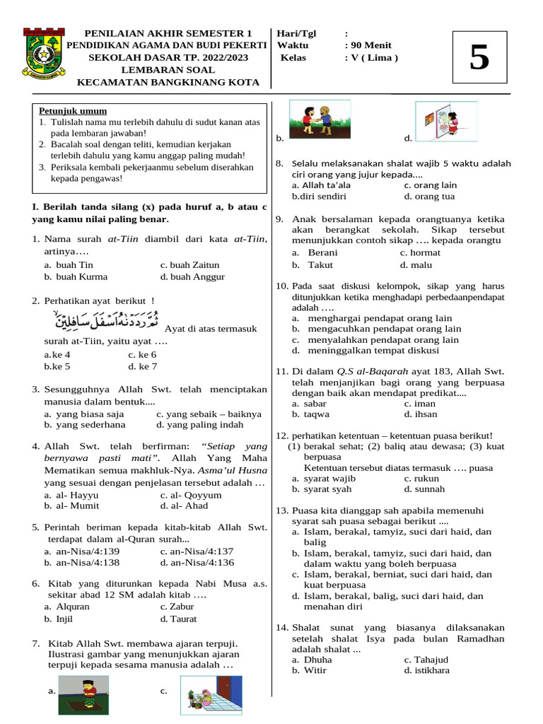 Lembar Soal Pai Kelas 5 SM 1 2022 | PDF