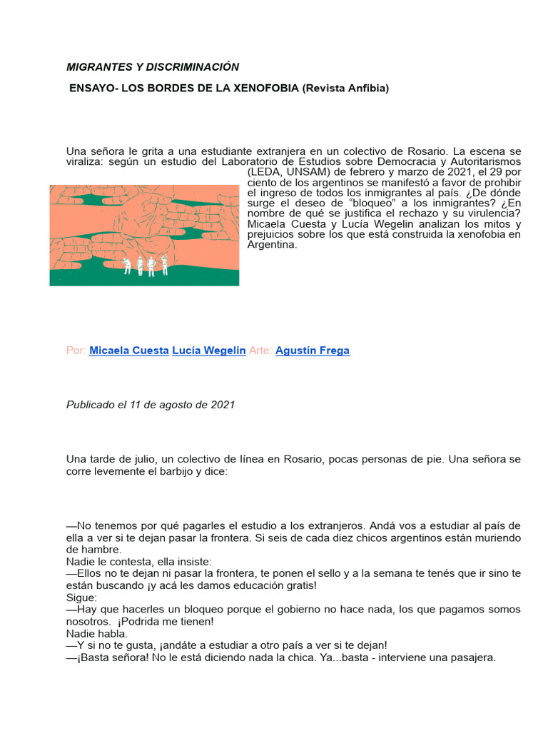 Ensayo Xenofobia Revista Anfibia | PDF