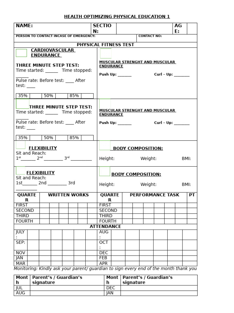 Fitness Test Scoresheet | PDF