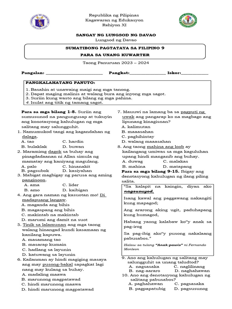 Quarterly Exam - Q1 Filipino 9 | PDF | Philippines