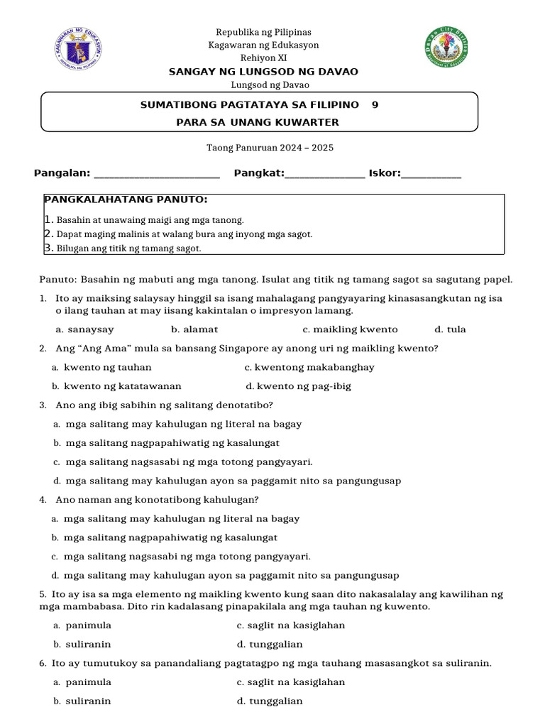Summative Test Grade 9 Filipino Autorecovered | PDF | Philippines