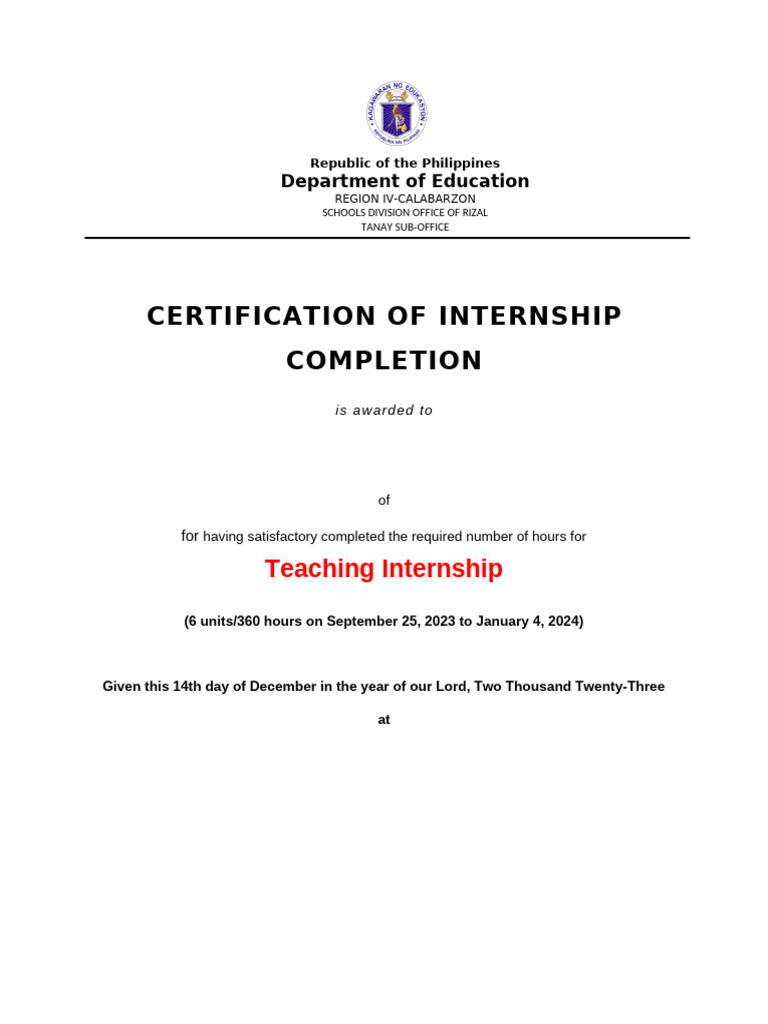 CERTIFICATION OF INTERNSHIP COMPLETION | PDF