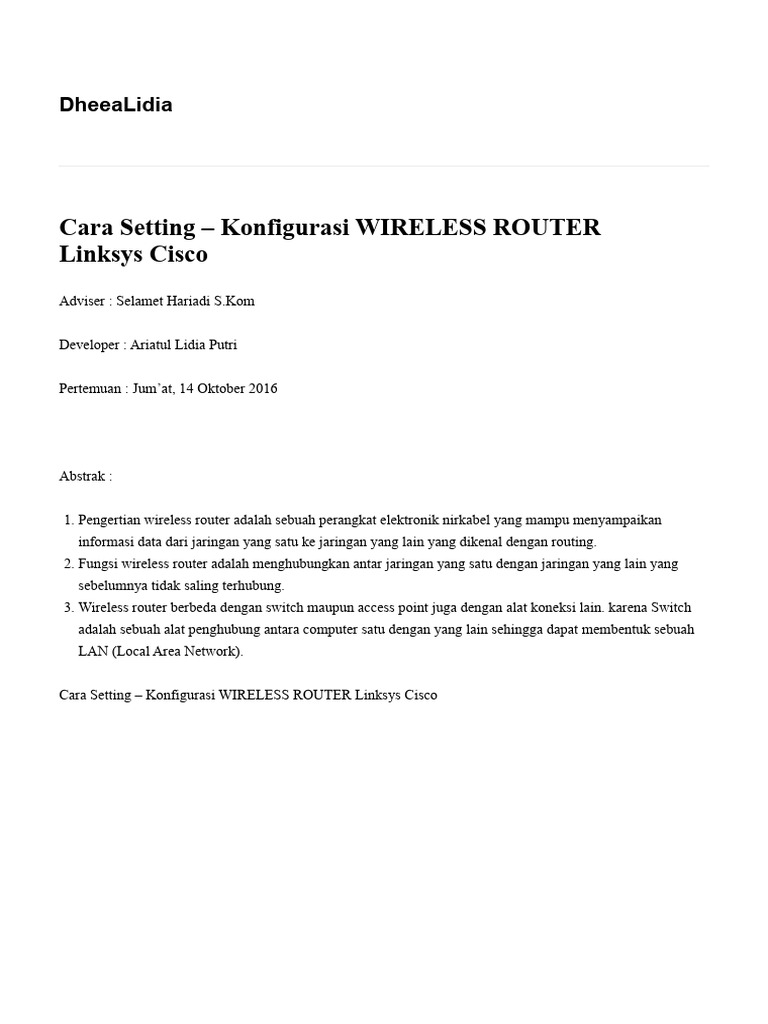 Cara Setting - Konfigurasi WIRELESS ROUTER Linksys Cisco - DheeaLidia | PDF