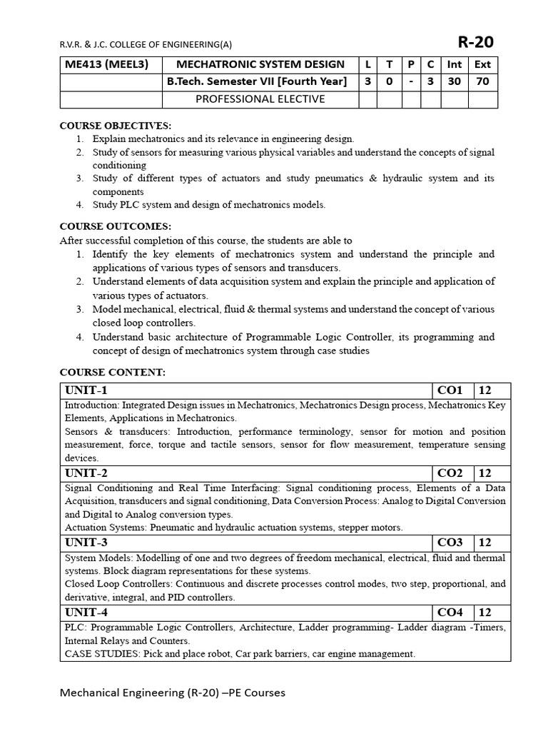 Me413 Mechtronics Syllabus | PDF