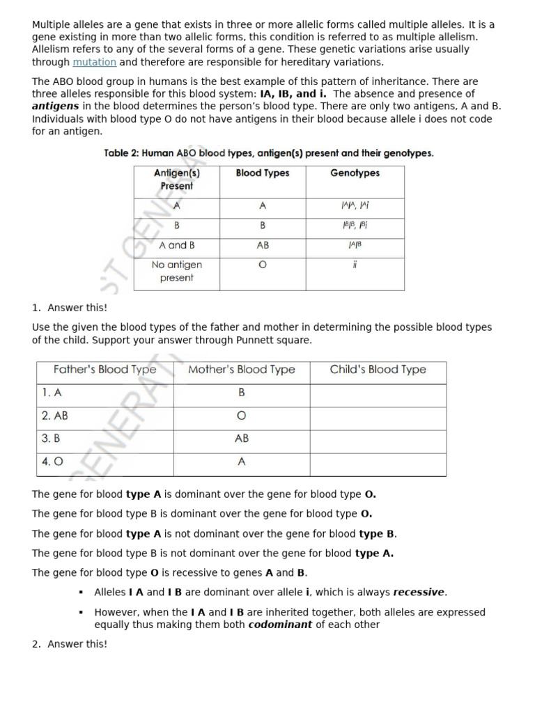 Notes For Multiple Alleles | PDF