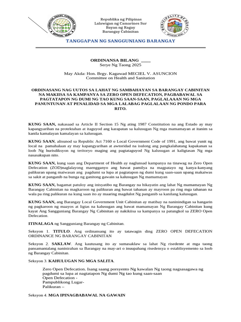 Zero Open Defecation Ordinance of Barangay Cabinitan 2.0 | PDF