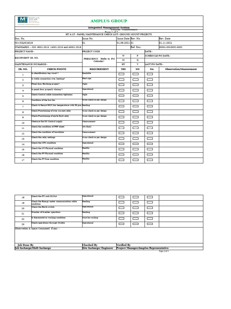Ht & Lt - Panel Maintenance Check List- Ground Mount Projects | PDF