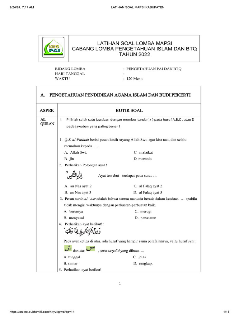 Latihan Soal Mapsi Kabupaten 2022 | PDF