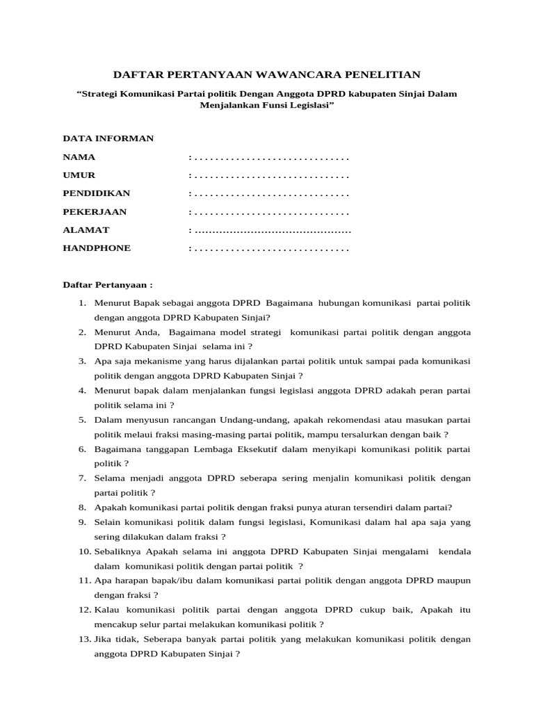 Daftar Pertanyaan Wawancara Penelitian | PDF