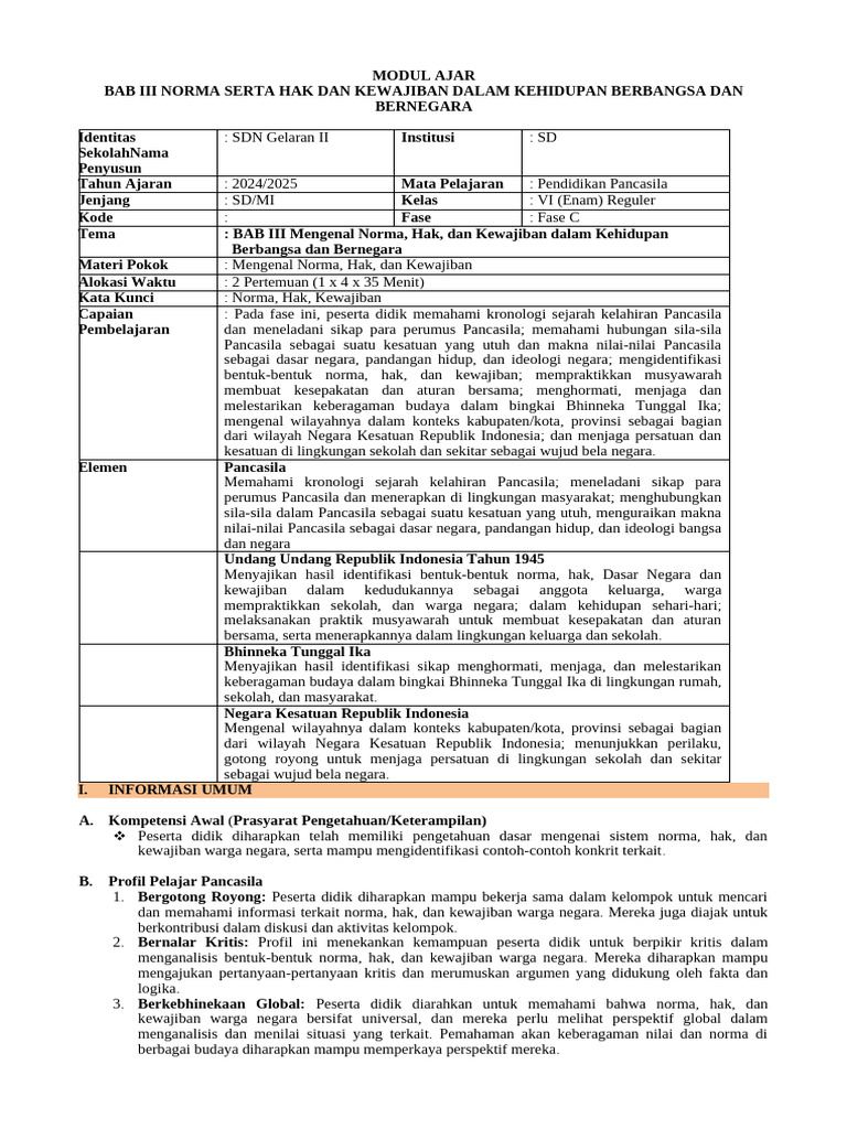 Modul Ajar Norma Hak Dan Kewajiban | PDF