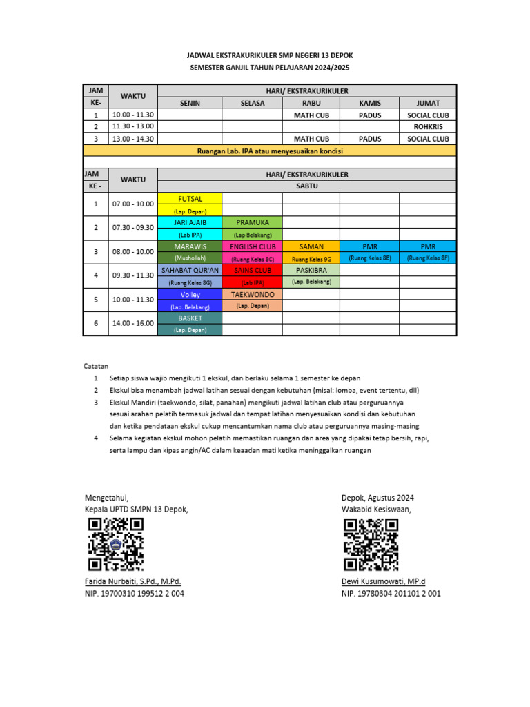 Jadwal Ekstrakurikuler 2024 Revisi | PDF