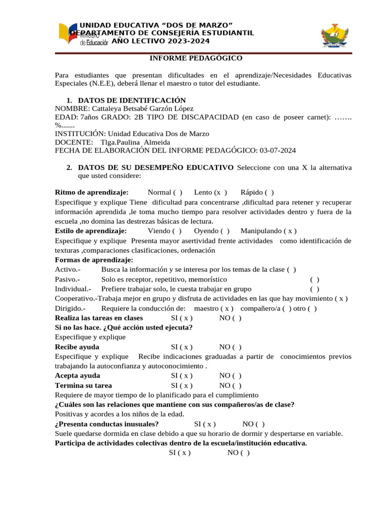 ANEXO 2 FORMATO INFORME PEDAGOGICO (1) Betsabe | PDF