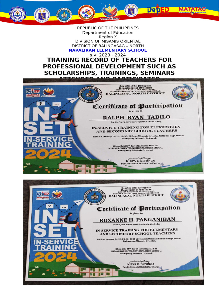 Training Record of Teachers For Professional Development Such As ...