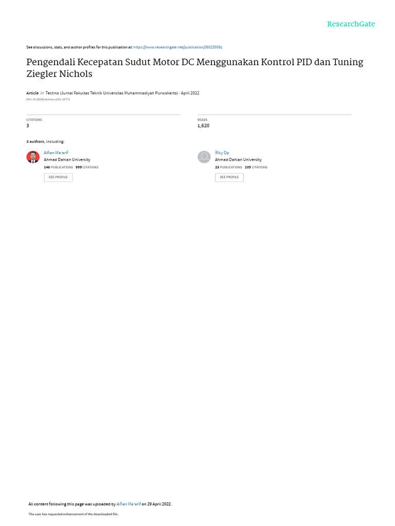 Pengendali Kecepatan Sudut Motor DCMenggunakan Kontrol PIDdan Tuning ...