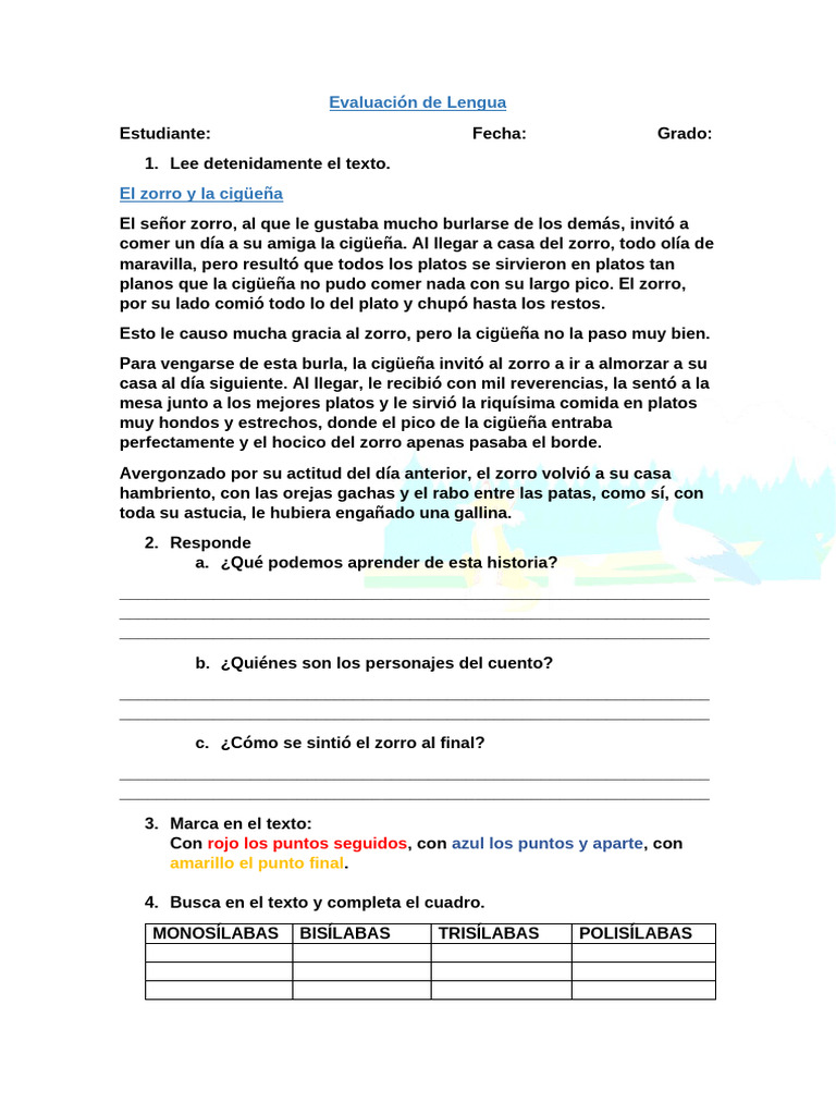 Evaluación de Lengua 3° | PDF