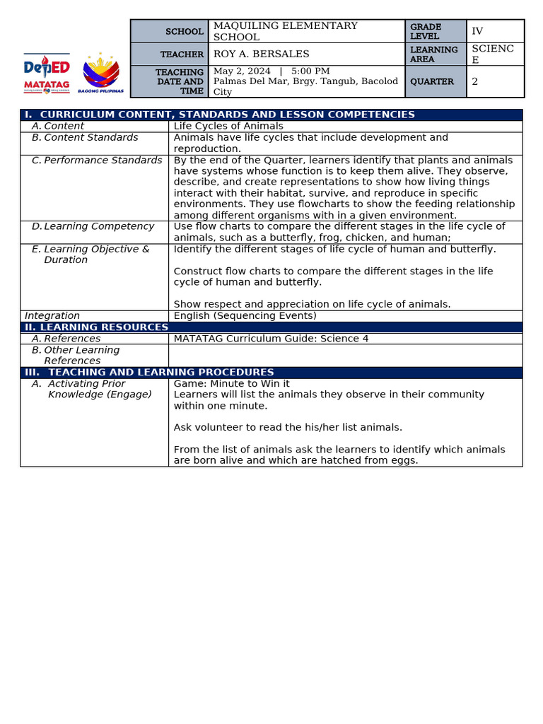 Lesson Plan - Science 4 Matatag - Demonstration 1 | PDF