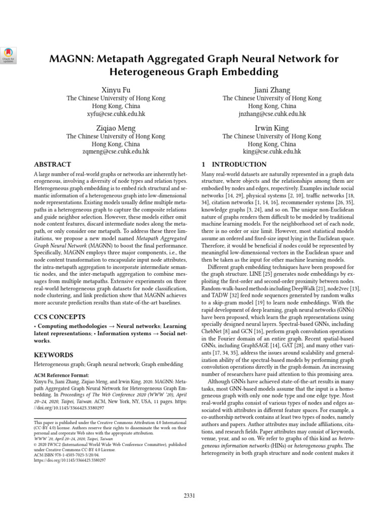 MAGNN: Metapath Aggregated Graph Neural Network For Heterogeneous Graph Embedding | PDF