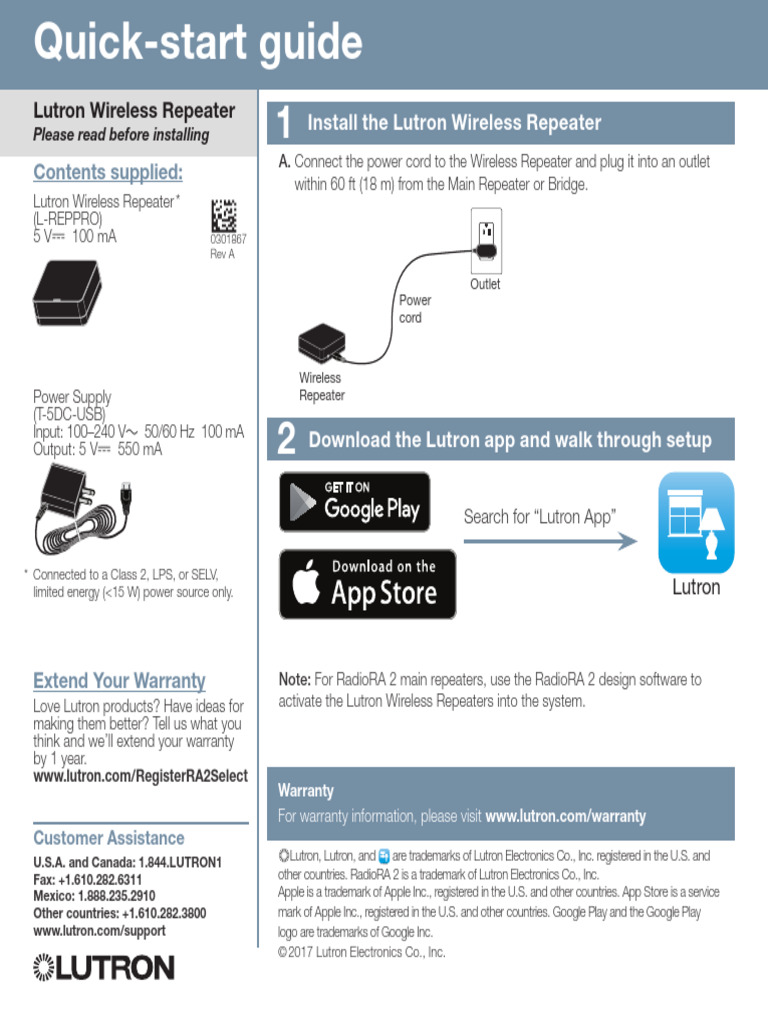 Contents Supplied:: Lutron Wireless Repeater | PDF