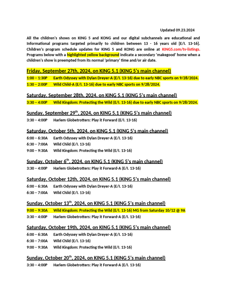 KING 5 Kids Program Summary Rev Sep 23 - 2024 | PDF | Broadcasting ...