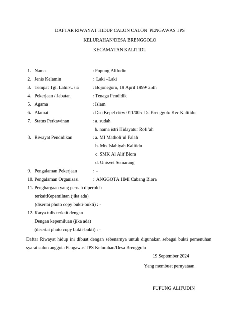 FORMAT DAFTAR RIWAYAT HIDUP PTPS | PDF