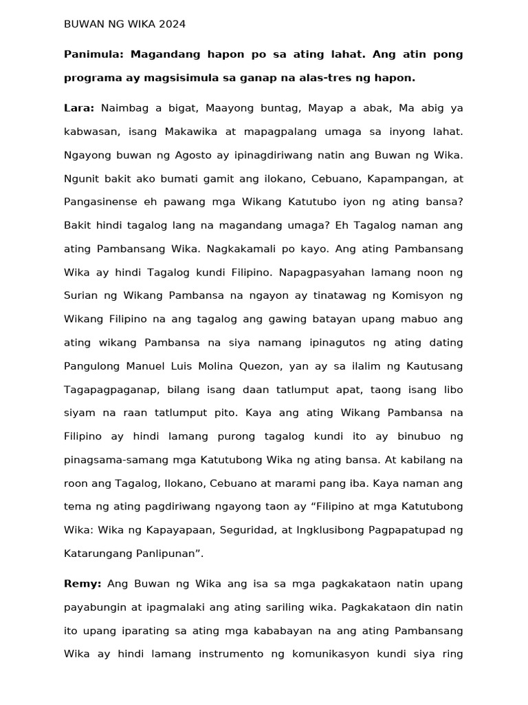 Buwan NG Wika 2024 Script | PDF | Tagalog Language | Philippines