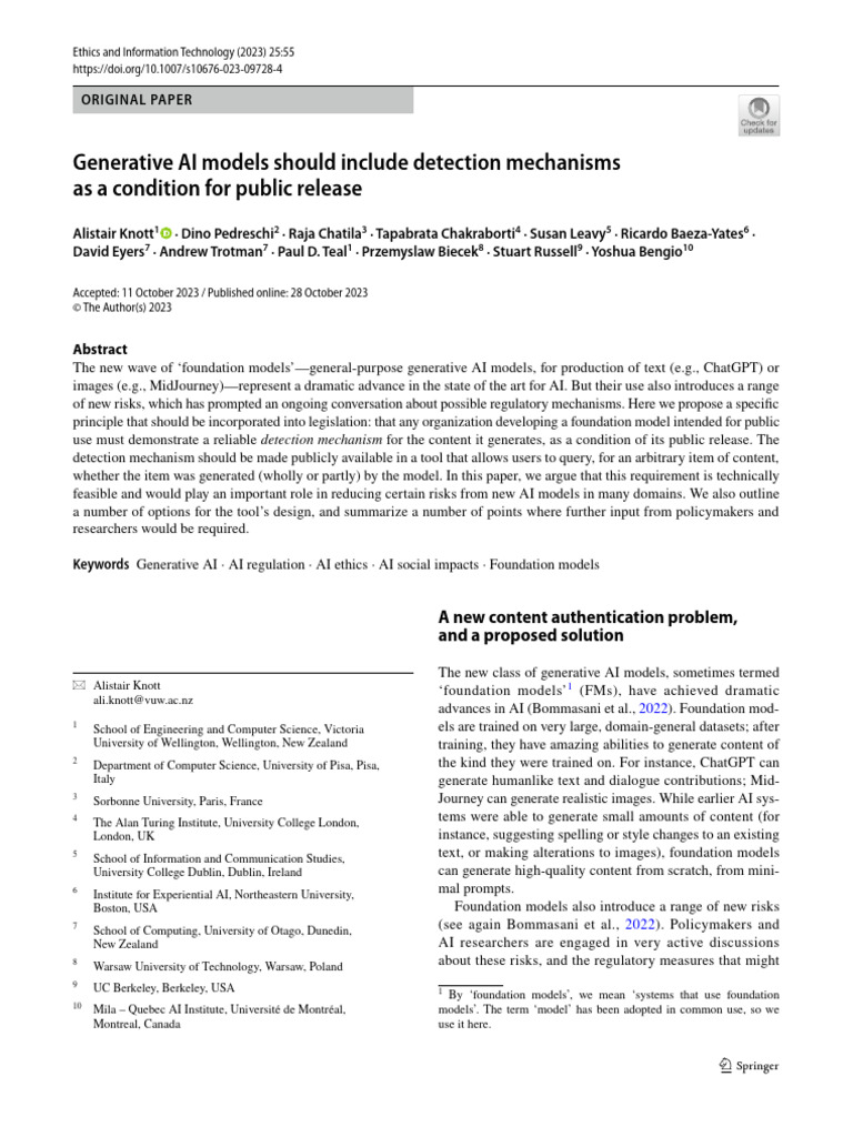 Generative AI Models Should Include Detection Mechanisms As A Condition For Public Release | PDF
