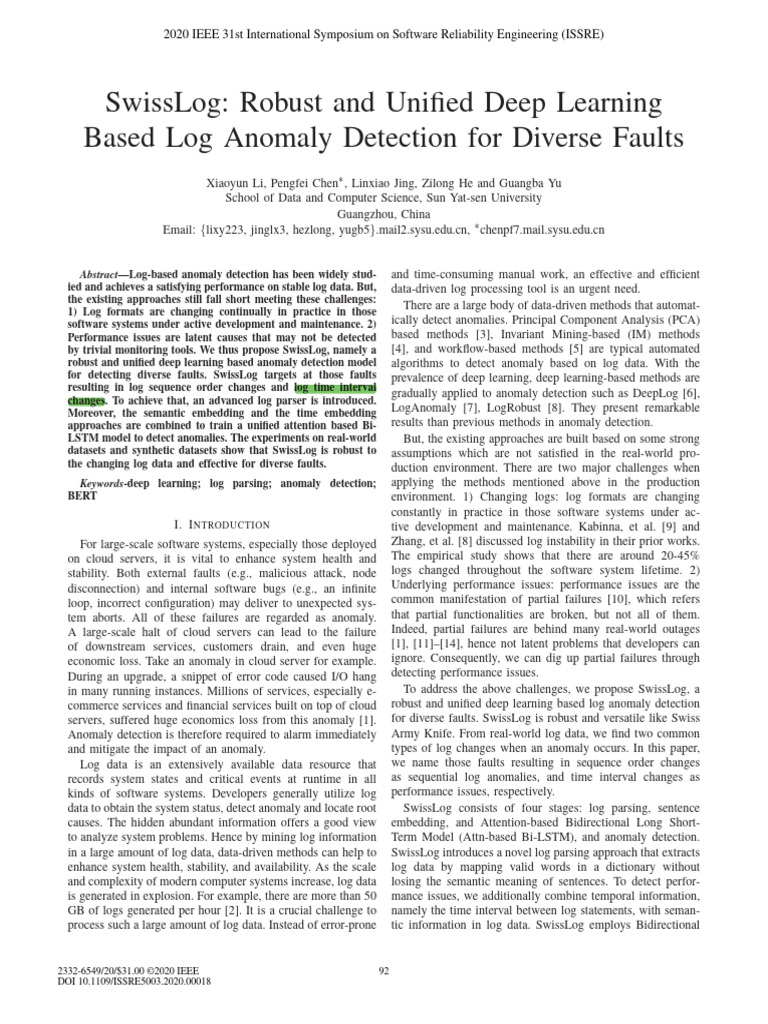 SwissLog Robust and Unified Deep Learning Based Log Anomaly Detection For Diverse Faults | PDF