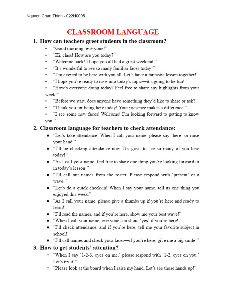 Classroom Language - Nguyen Chan Thinh - 022H0095 | PDF