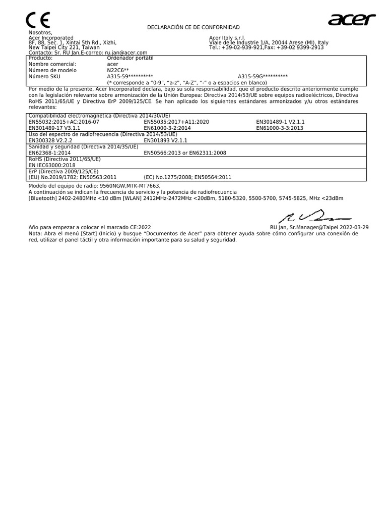 CE DoC - Acer - 1.0 - A - A | PDF