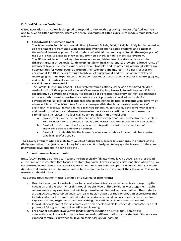 Gifted Education Curriculum Models Overview | PDF | Curriculum | Learning