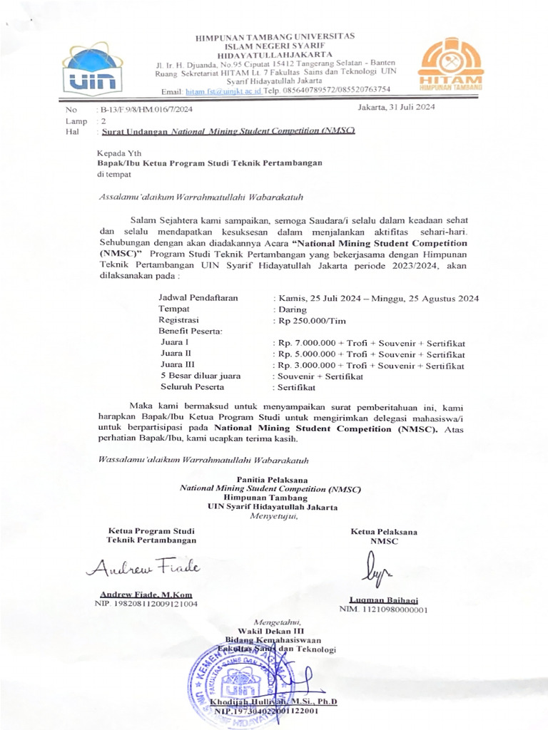 Surat Undangan Lomba National Mining Student Competition Prodi | PDF Surat Undangan Lomba National Mining Student Competition Prodi | PDF